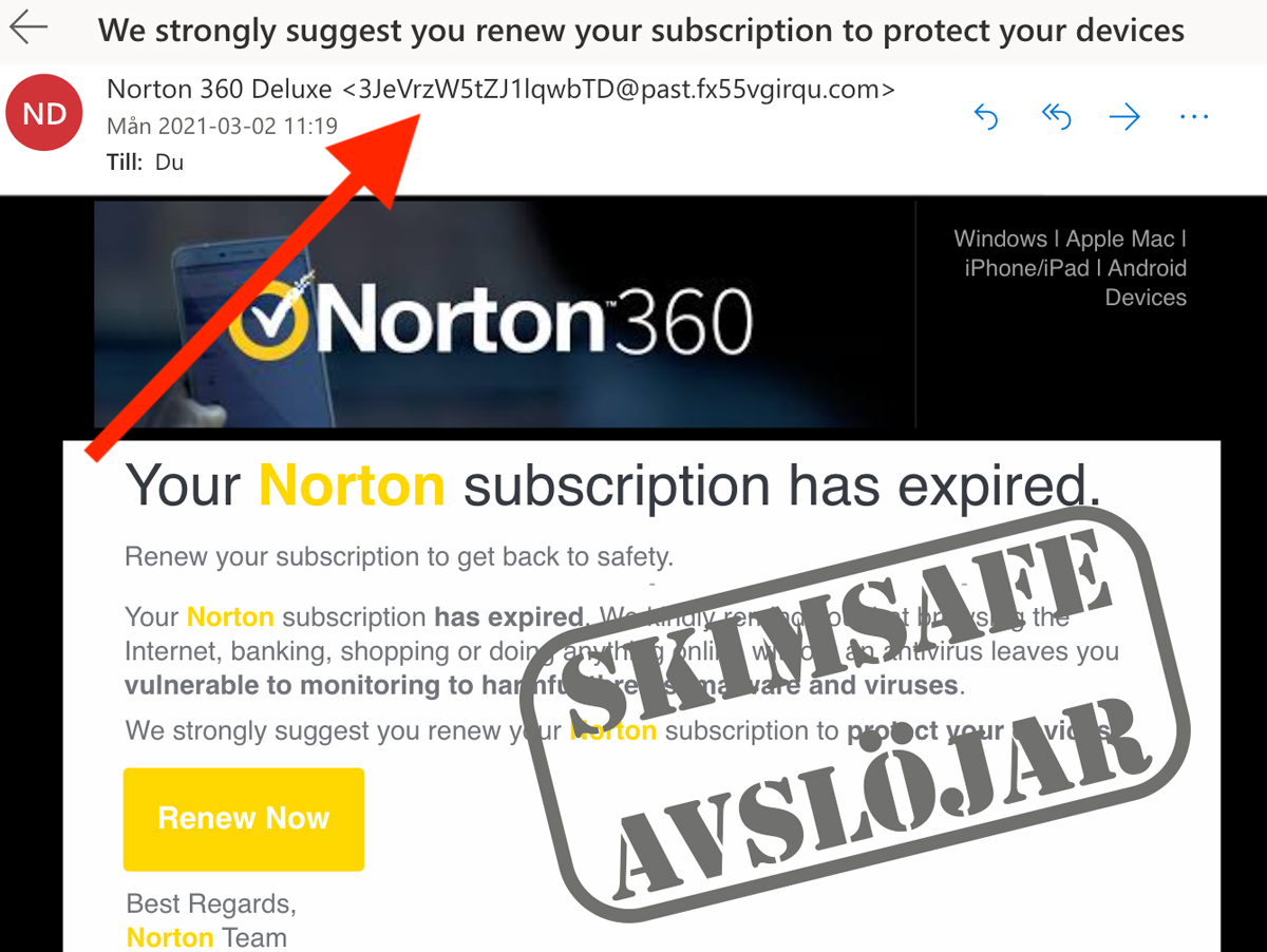 Varning för phishing-mail "från" Norton - SkimSafe Online Kunskapsbank